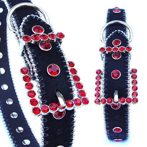 Black/Ruby Red Swarovski Crystal Dog Collar XS-XL Leather