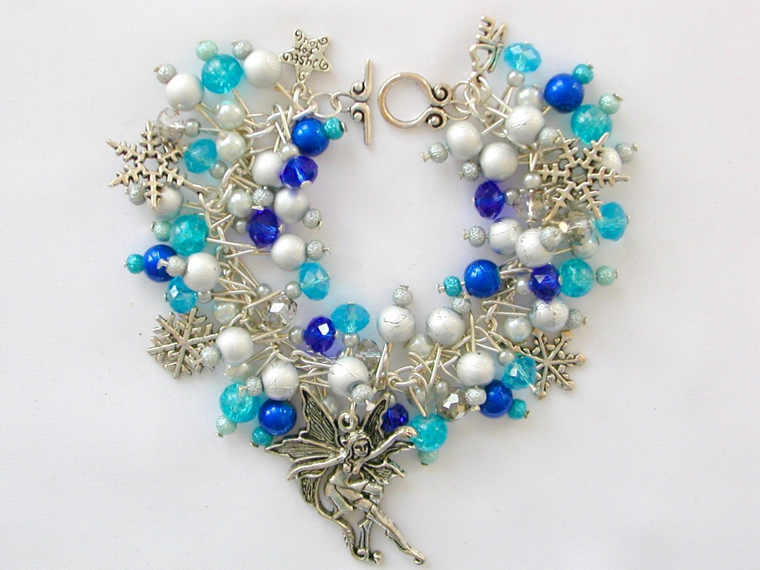 Fairy snowflake aqua and blue crystal bead silver charm bracelet