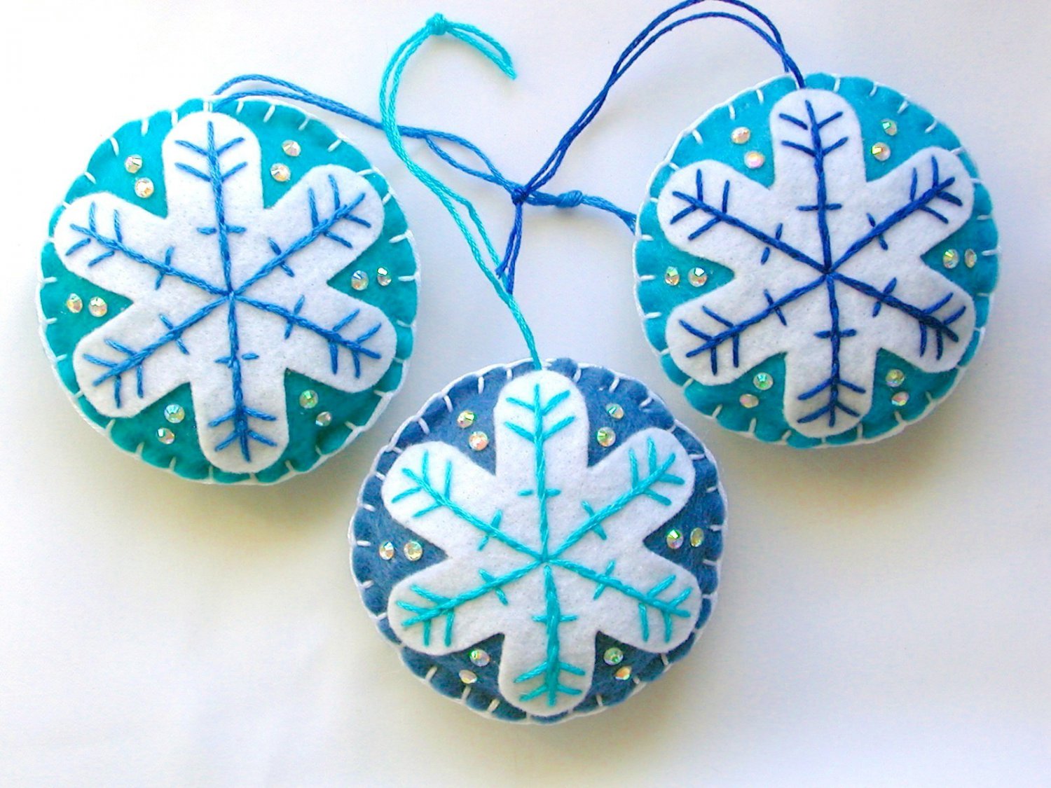 Felt snowflake Christmas ornament white on aqua & blue lot