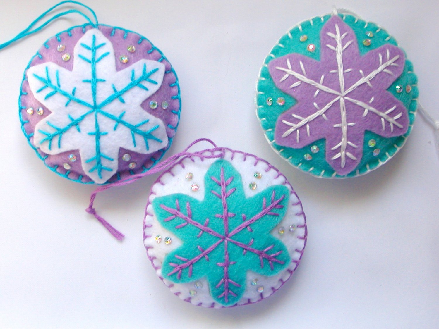 Felt snowflake Christmas ornament purple light aqua white lot