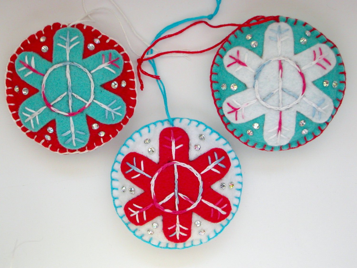 Felt peace sign snowflake ornament red white aqua blue tie dye lot