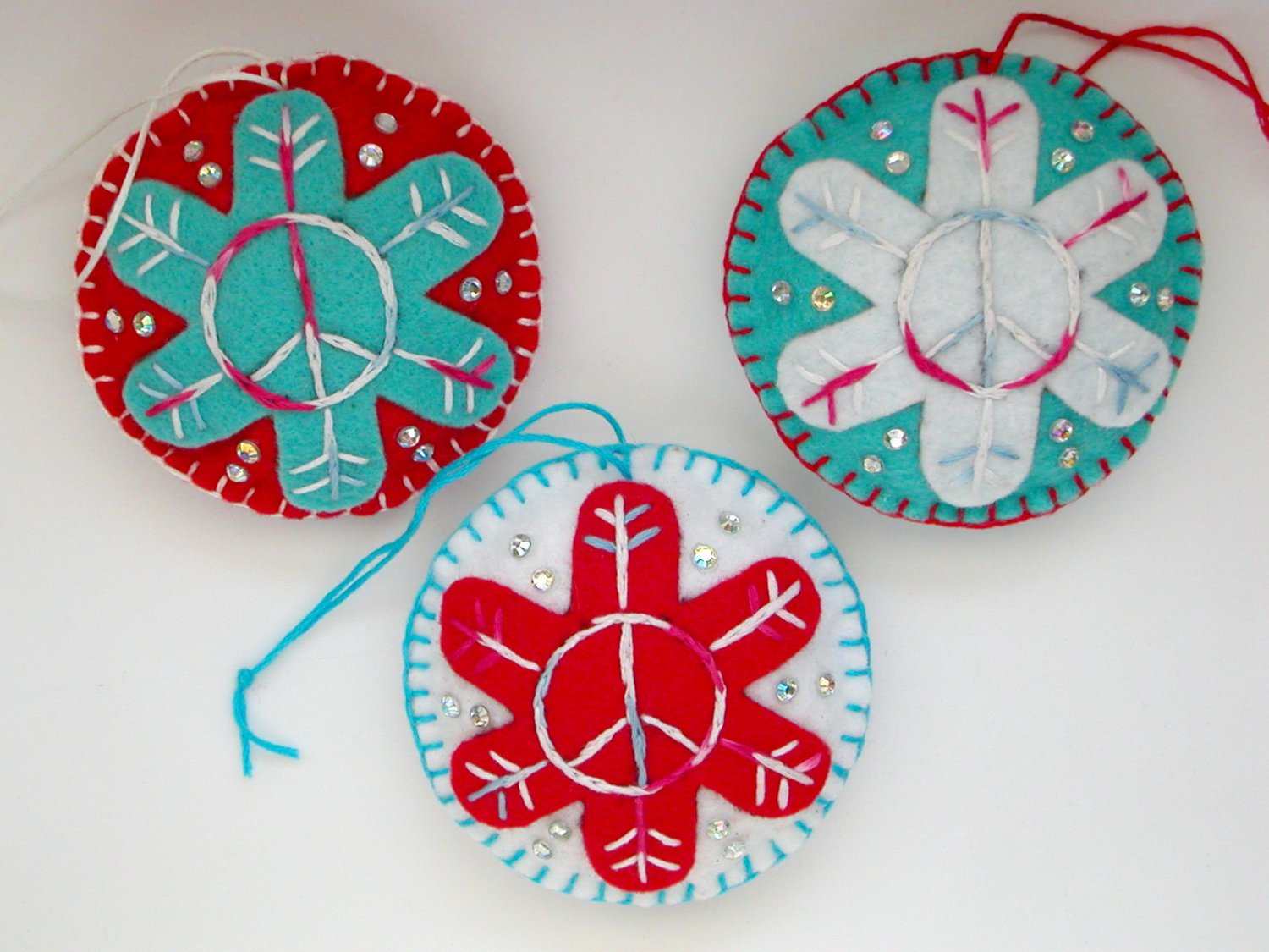 Felt peace sign snowflake ornament red white aqua blue tie dye lot