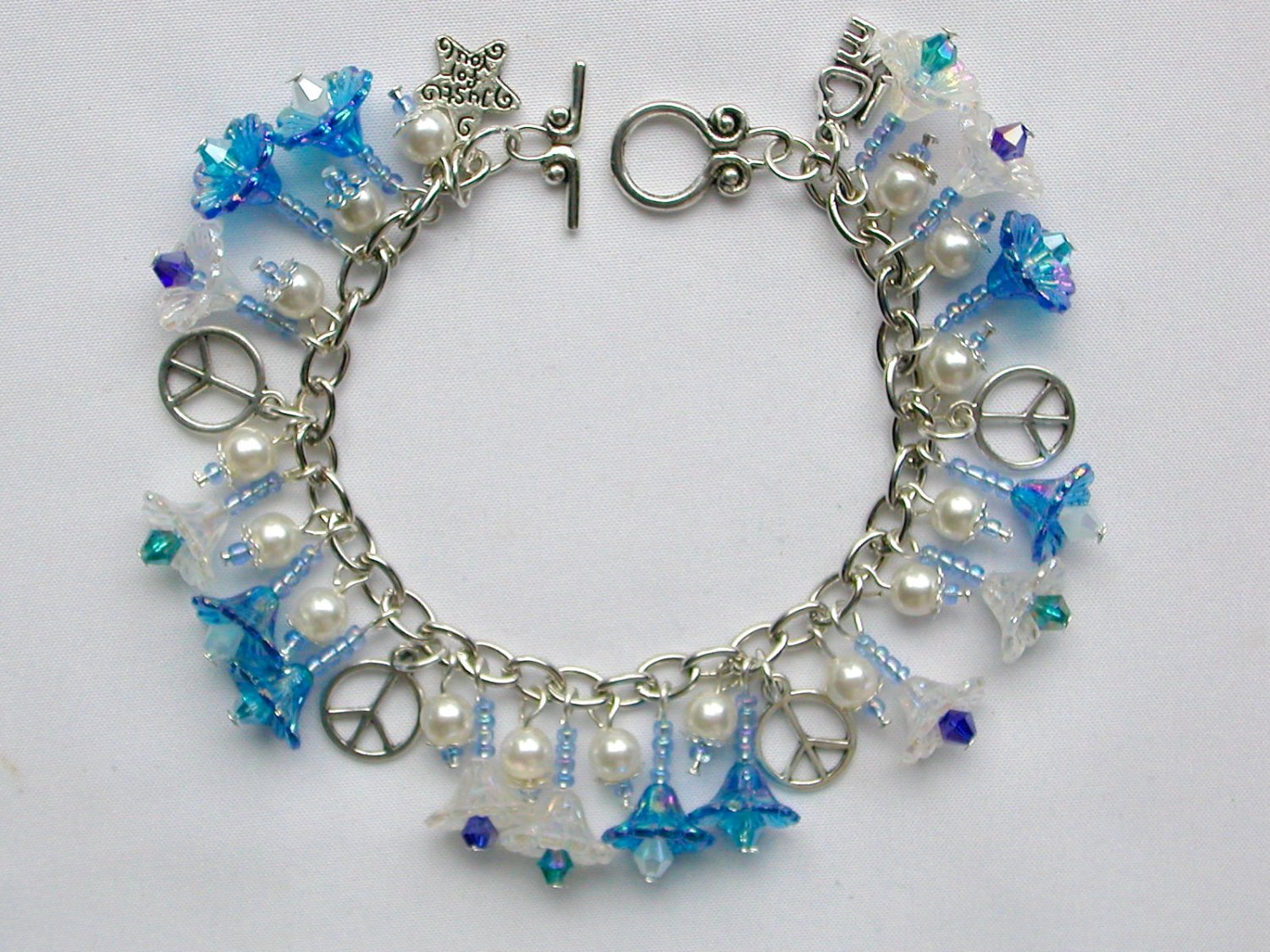 Peace sign blue AB iridescent flower crystal bead charm bracelet