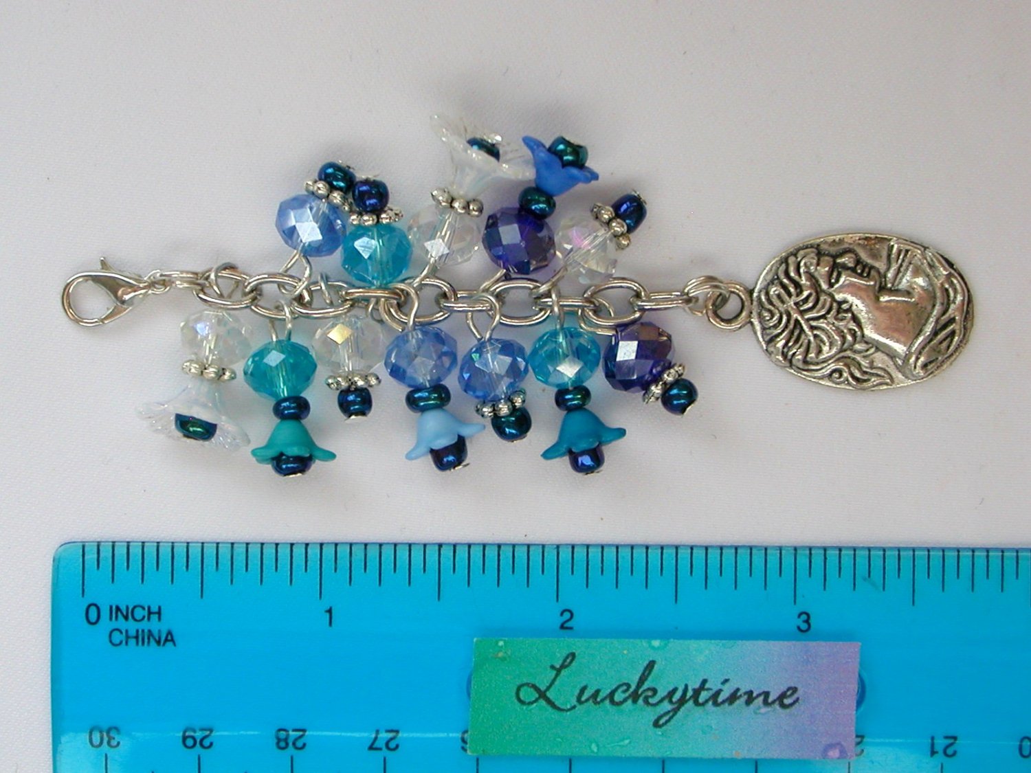 Cameo Zipper Purse Charm aqua blue flower crystal bead