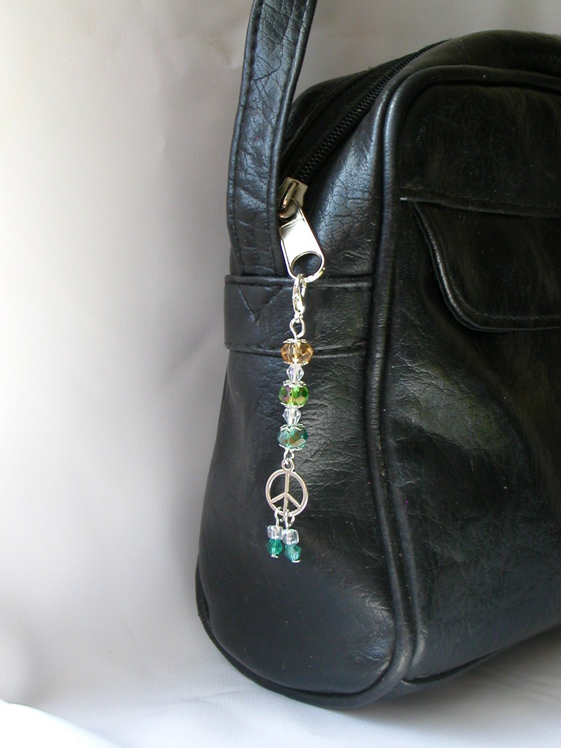 Peace sign Zipper Purse Charm green yellow crystal bead