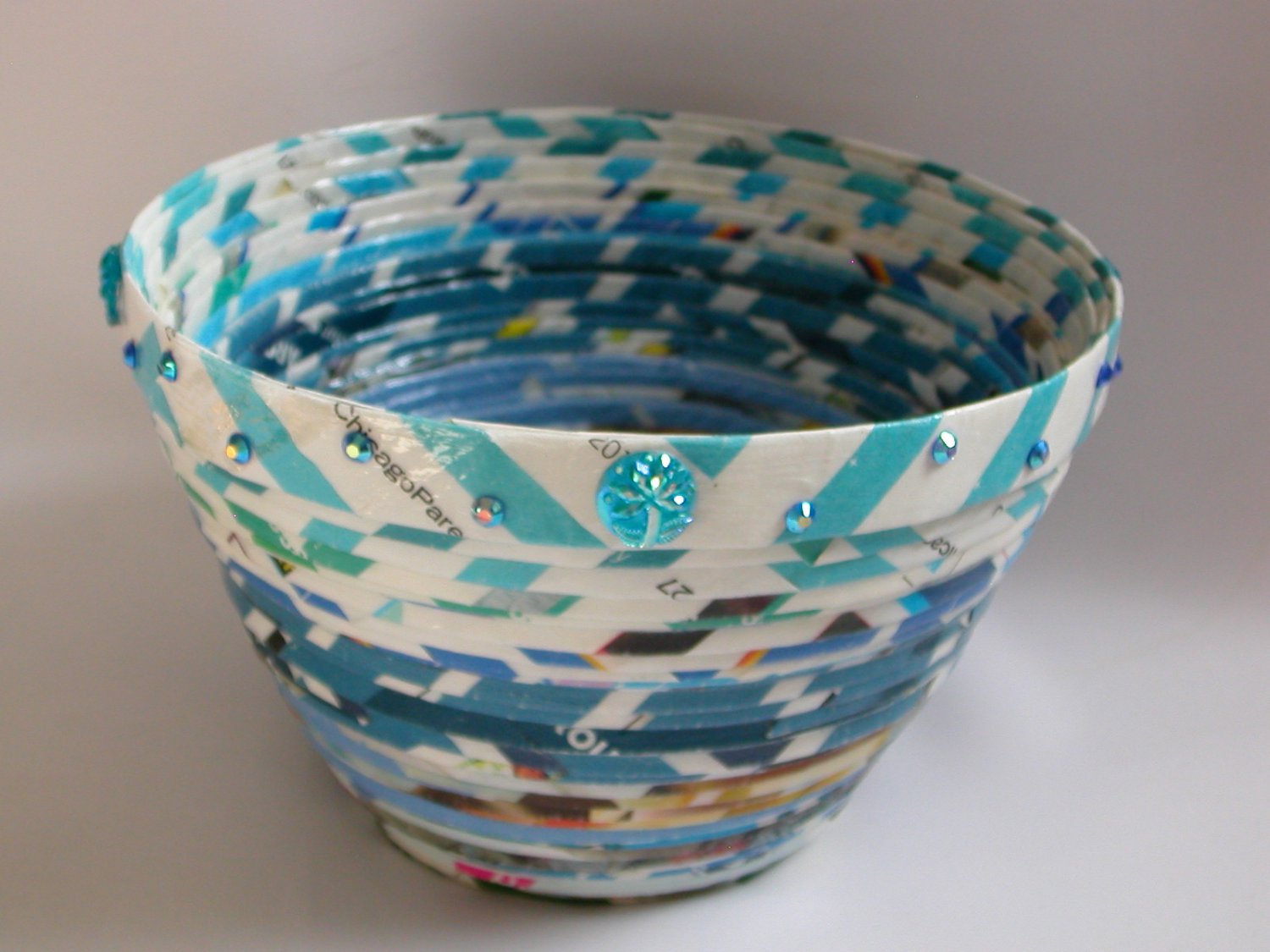 Recycled magazine bowl aqua blue AB acrylic flower handmade