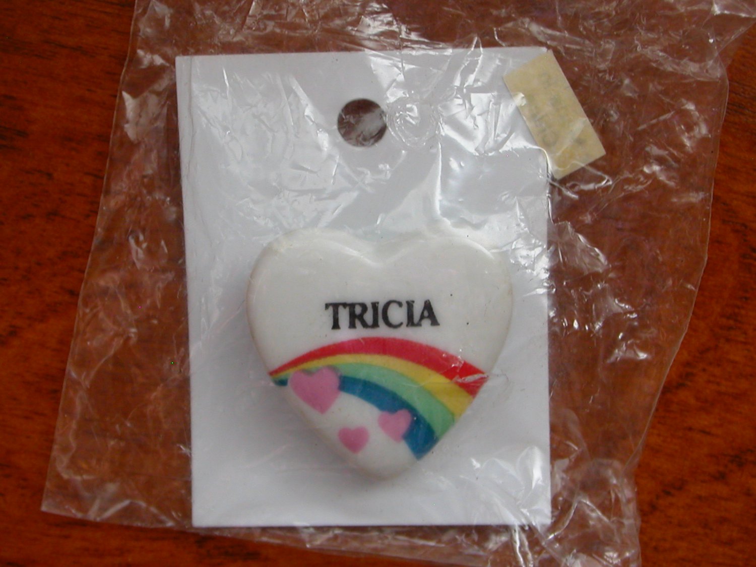 Tricia name pin ceramic heart rainbow vintage