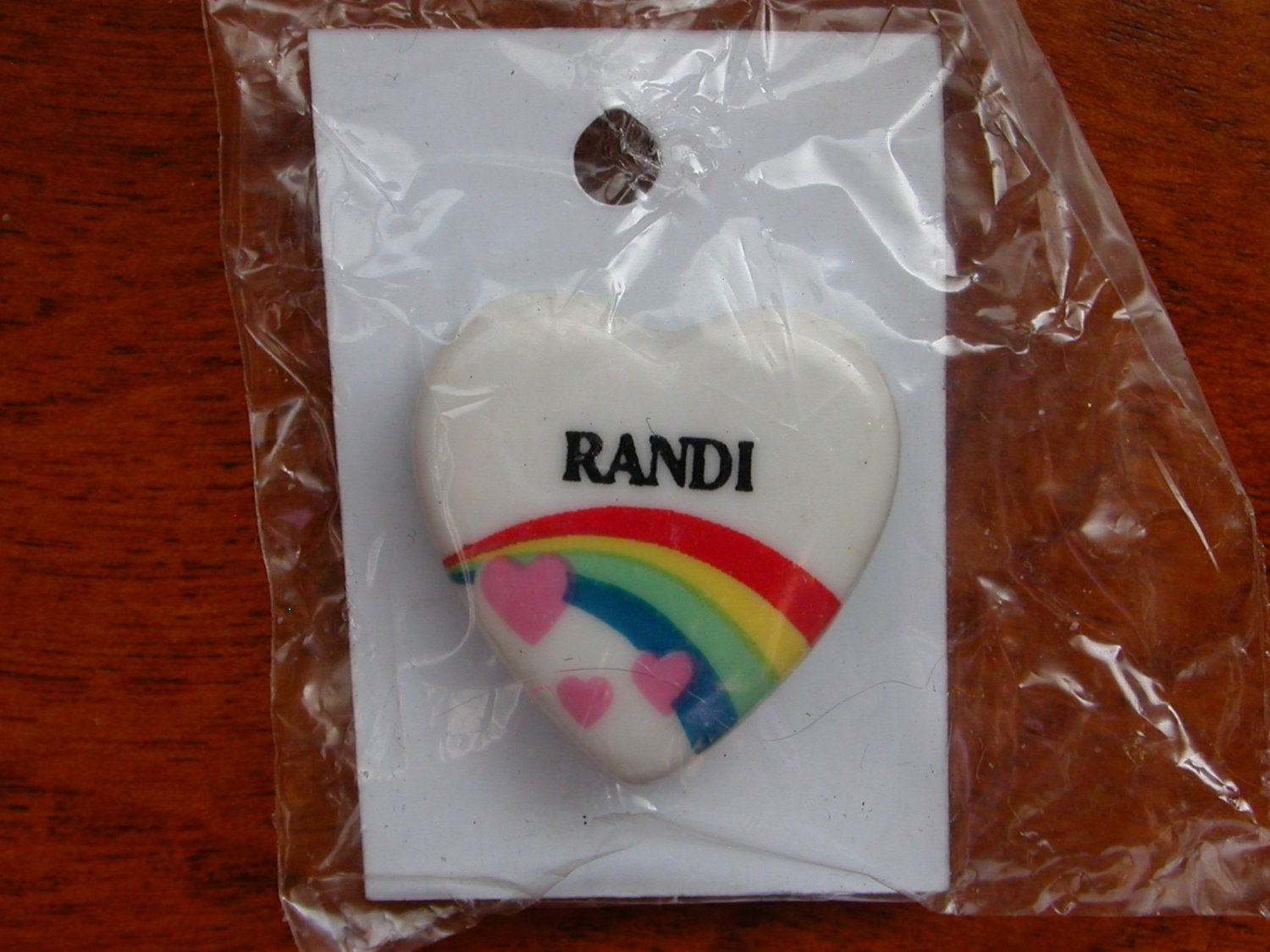Randi name pin ceramic heart rainbow vintage