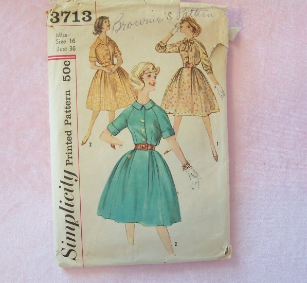 Vintage 50s Simplicity 3713 Day Dress Sewing Pattern Full Skirt Raglan ...