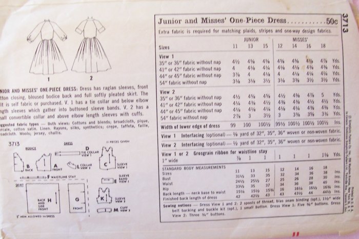 Vintage 50s Simplicity 3713 Day Dress Sewing Pattern Full Skirt Raglan ...