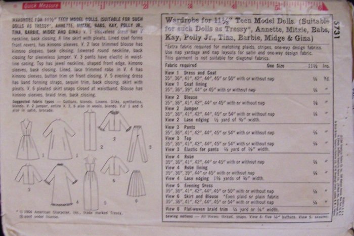 Vintage 60s Simplicity 5731 11.5 Inch Model Doll Wardrobe Pattern For ...