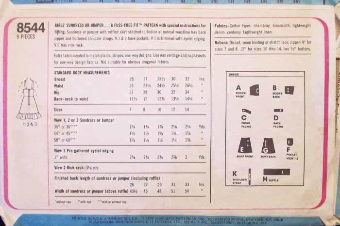 Simplicity 8544 Girls Sundress or Jumper Sewing Pattern Shoulder Straps ...