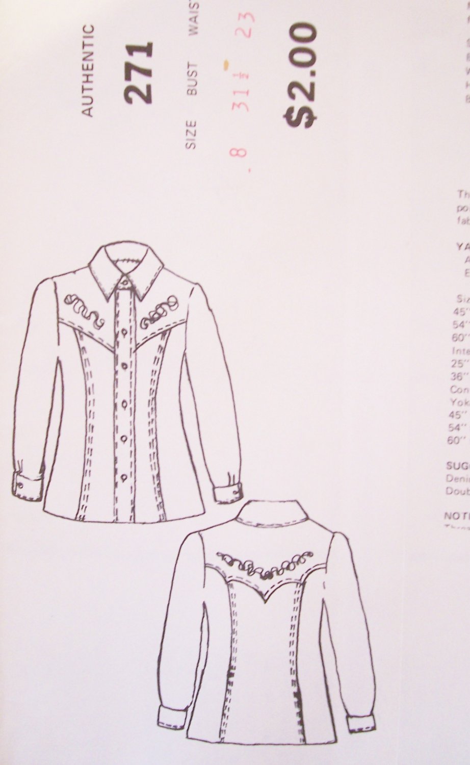 Authentic Patterns 271 Vintage Yoked Western Shirt Pattern Uncut Size 8 ...
