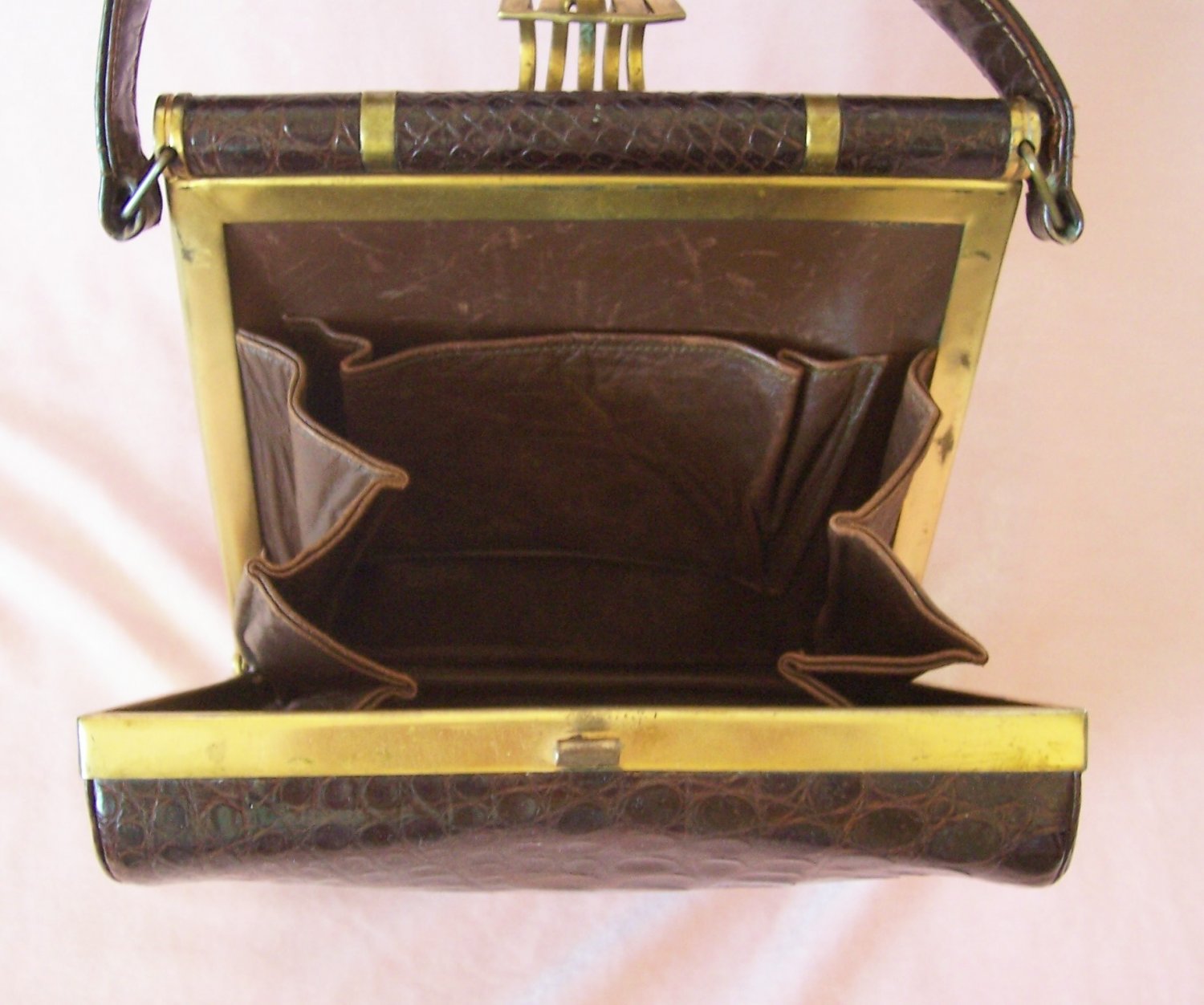 Vintage Prado Mexican Chocolate Alligator Box Purse Handbag Brass Clasp