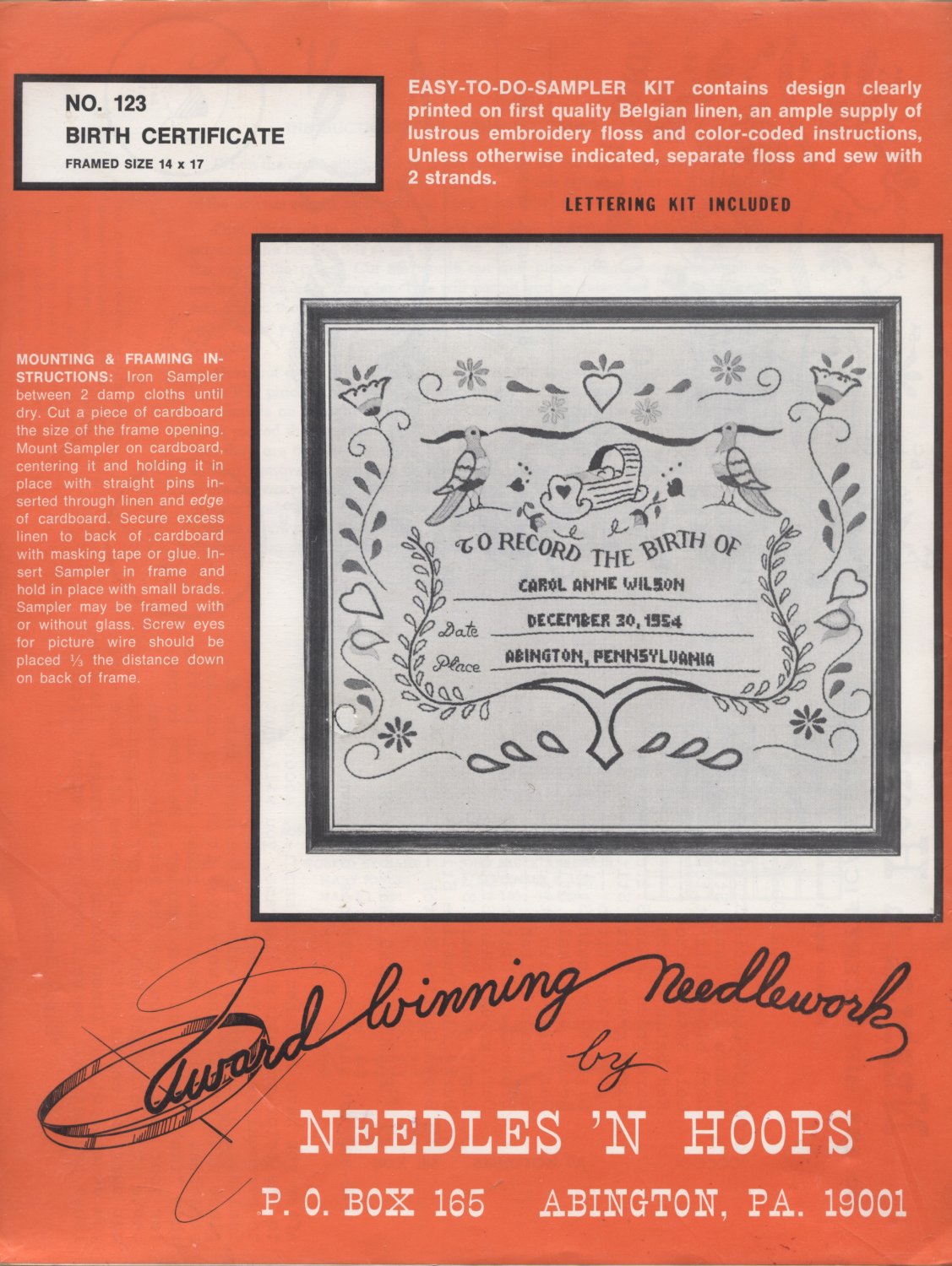 Needlework Embroidery Birth Certificate Kit