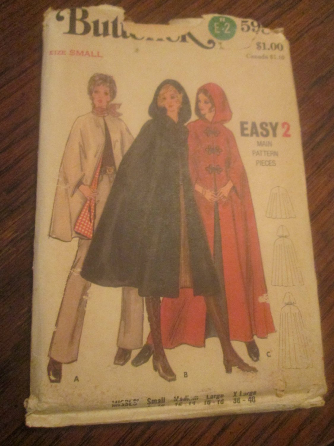Vintage Butterick 70s Pattern 5987 Misses & Womens Cape Hood Size 8-10 ...