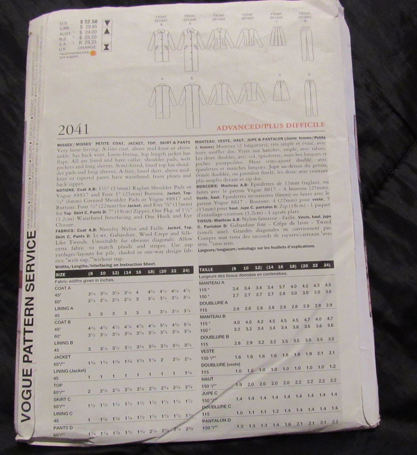 Tamotsu Vogue Pattern 2041 Wardrobe Jacket Pants Skirt Coat Suit Size 8 ...