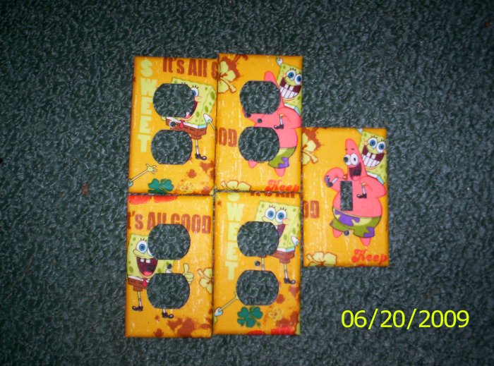 Spongebob on Yellow outlet & light switch cover plates, set of 5, new