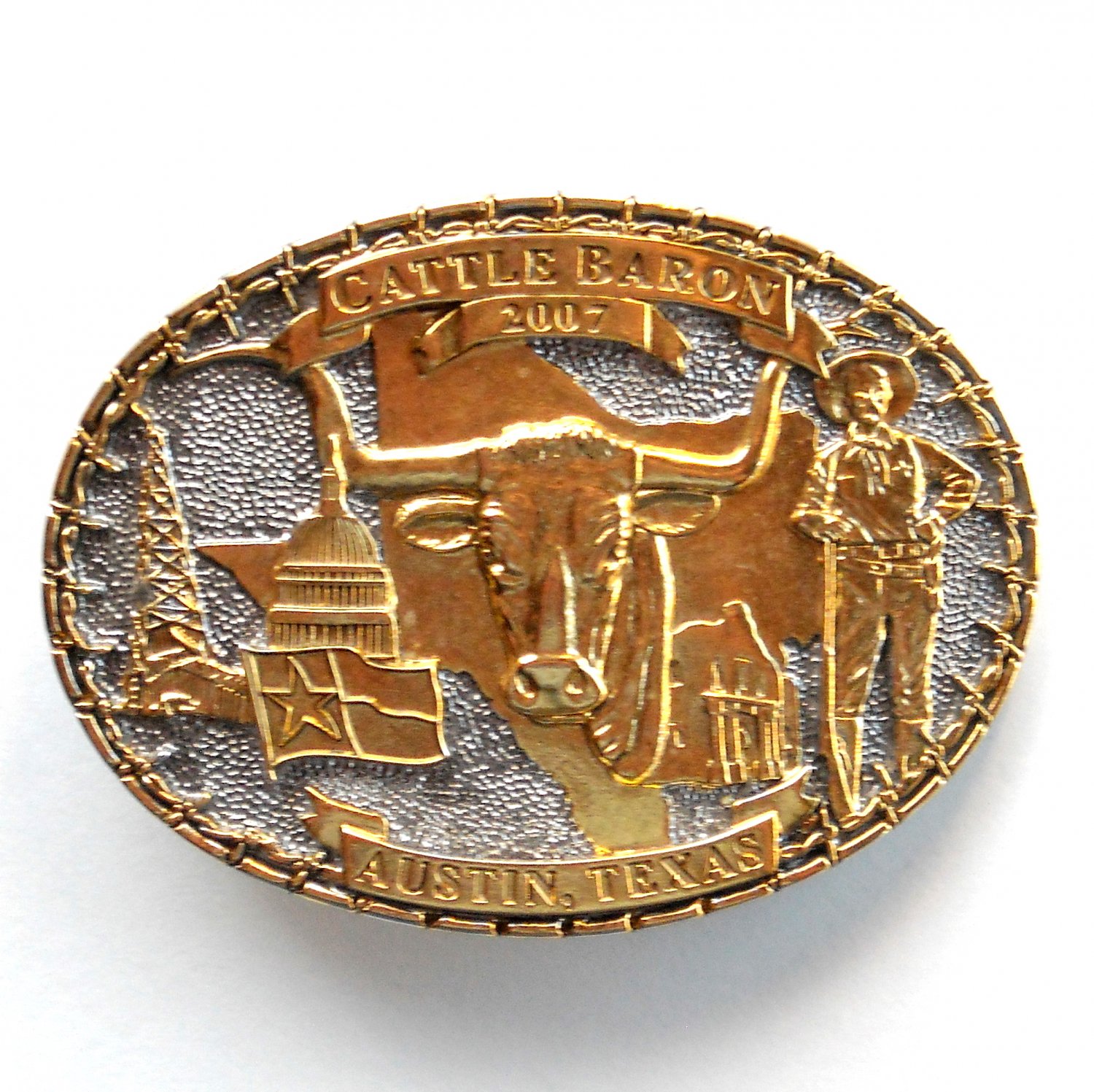 Cattle Baron Austin Texas 2007 Brass Color Belt Buckle