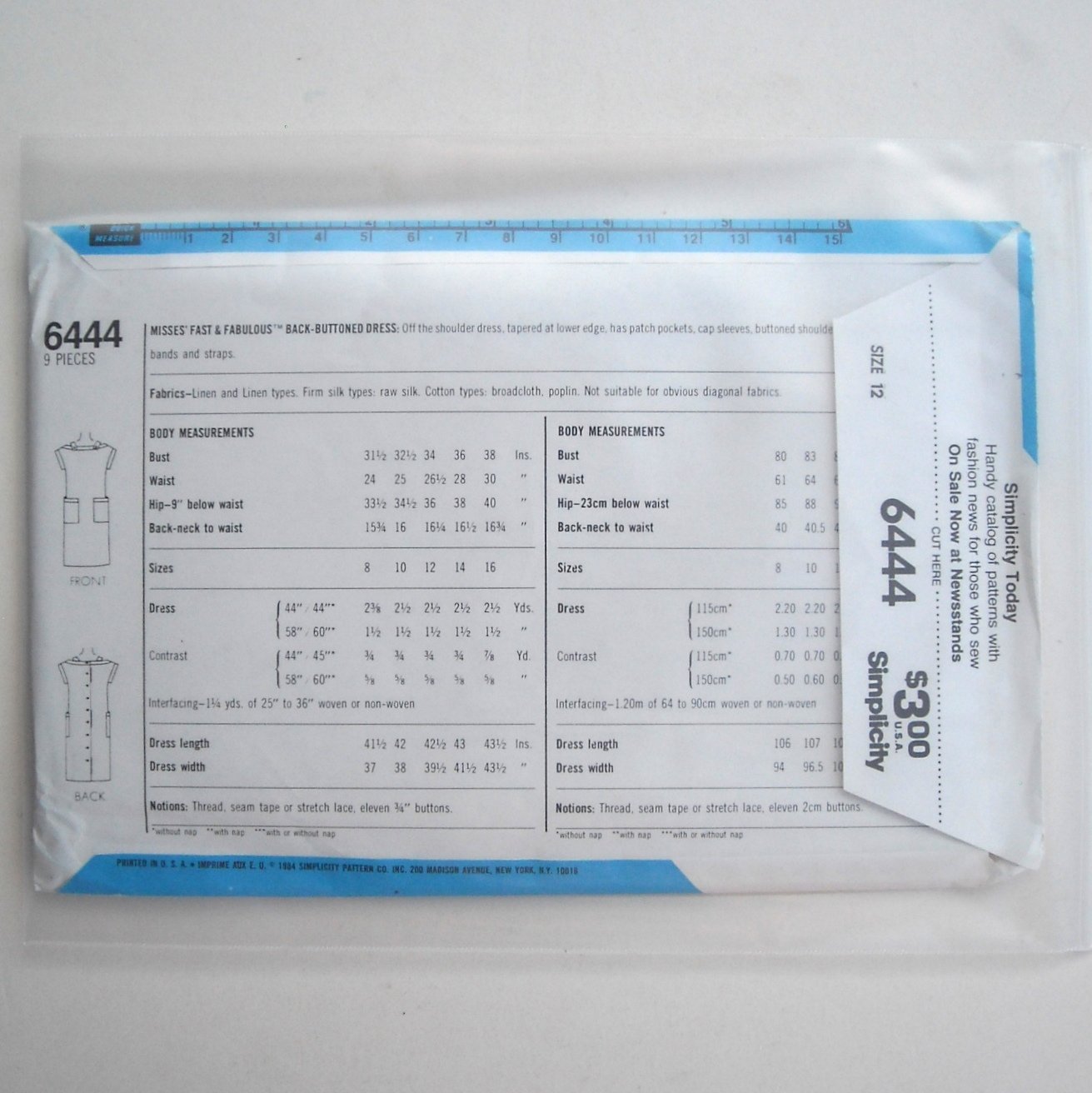 Simplicity Sewing Pattern 6444 Size 12 Misses Back Buttoned Dress