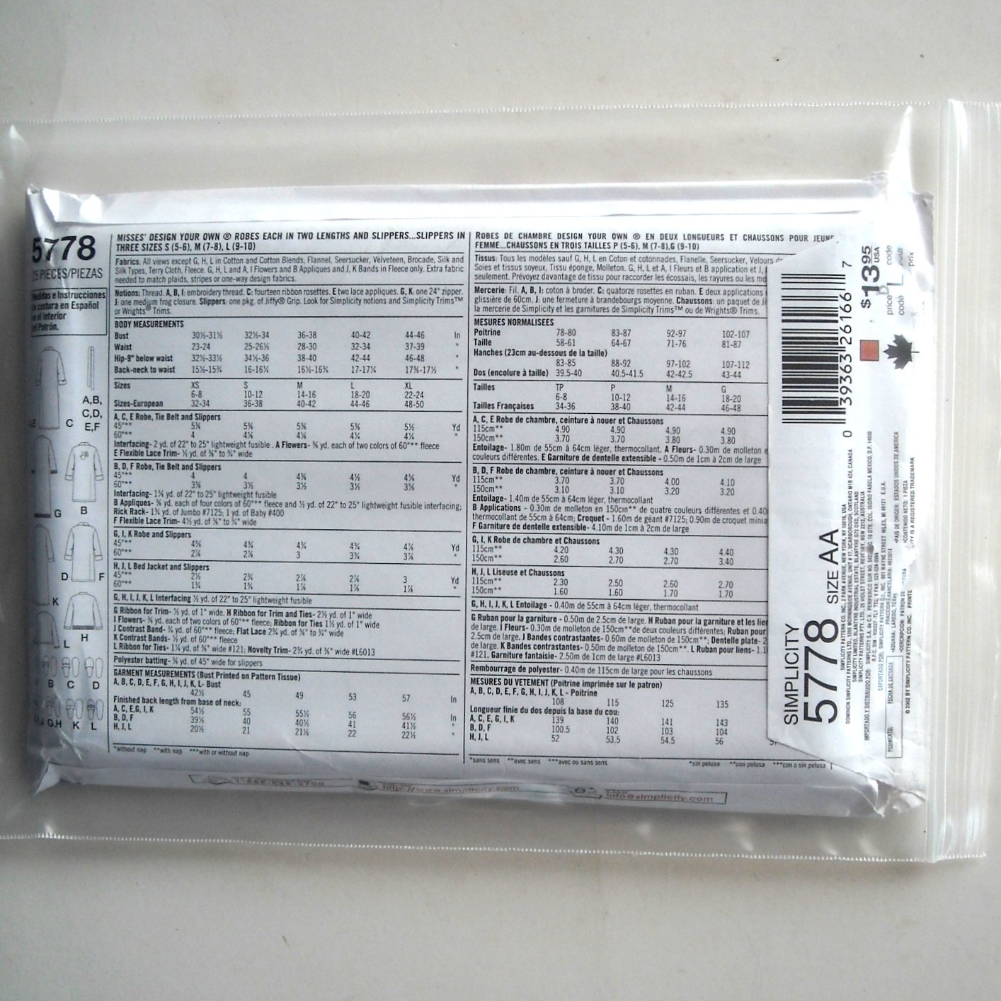 Misses Women Robes Design Your Own XS S M Simplicity Sewing Pattern 5778