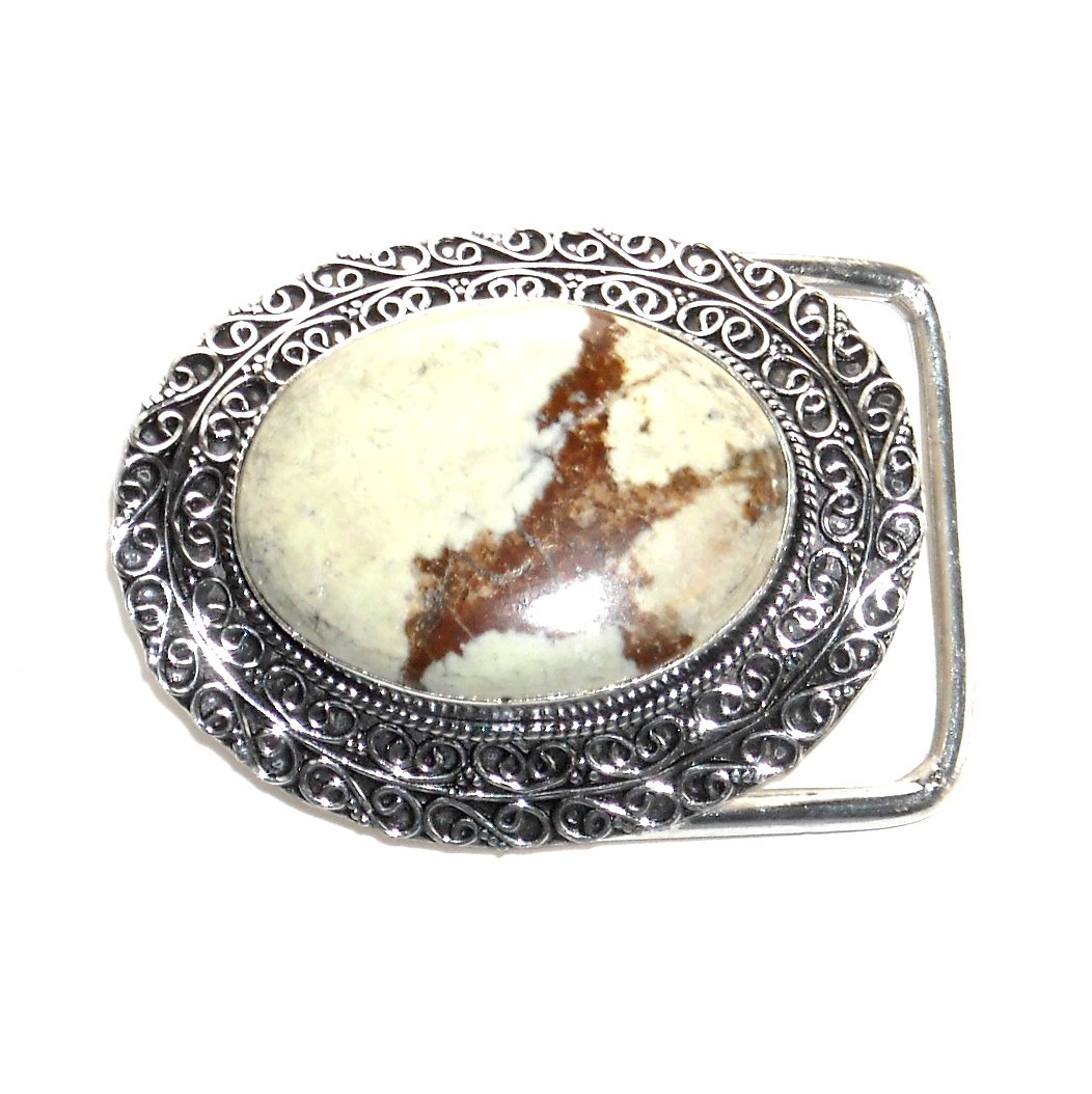 Designer Jasper Gemstone Filigree Silver Belt Buckle