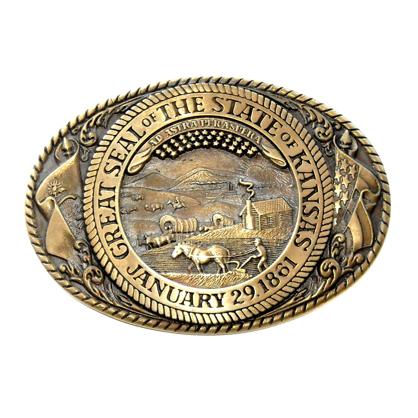 Kansas Great Seal Of The State Tony Lama Brass Belt Buckle
