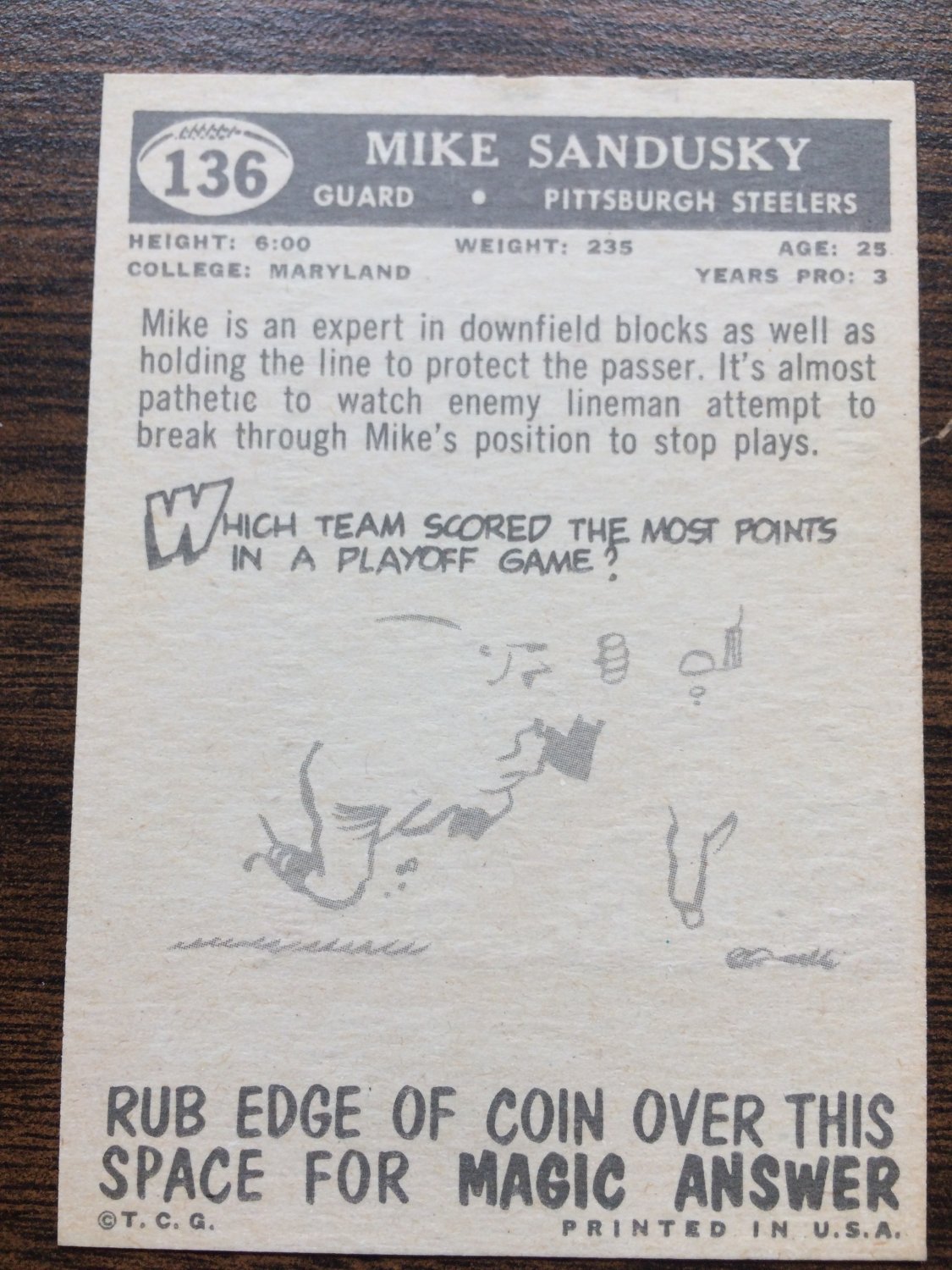 1959 Topps Football Card #136 Mike Sandusky "Steelers"