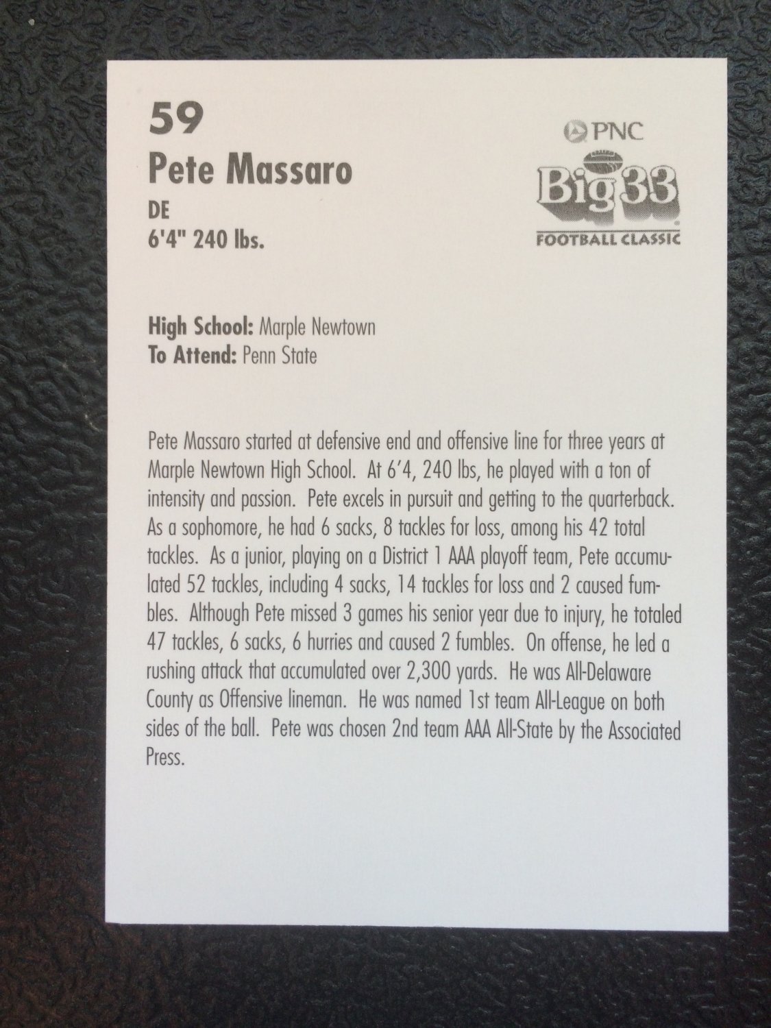 2008 Pa. High School Big 33 Football Card #59 Pete Massaro "Penn State"