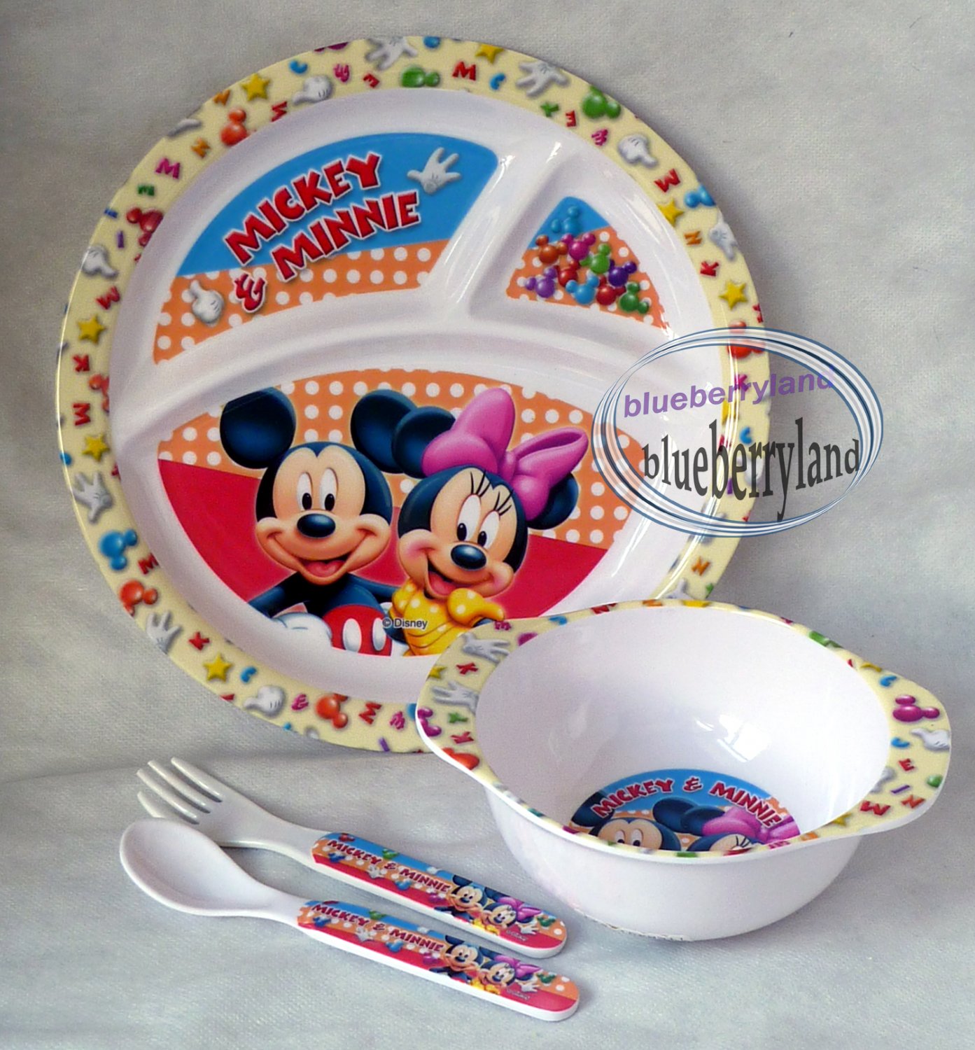 Disney Mickey & Minnie Mouse Baby Feeding Plate Fork Spoon Bowl 4 Pcs Set
