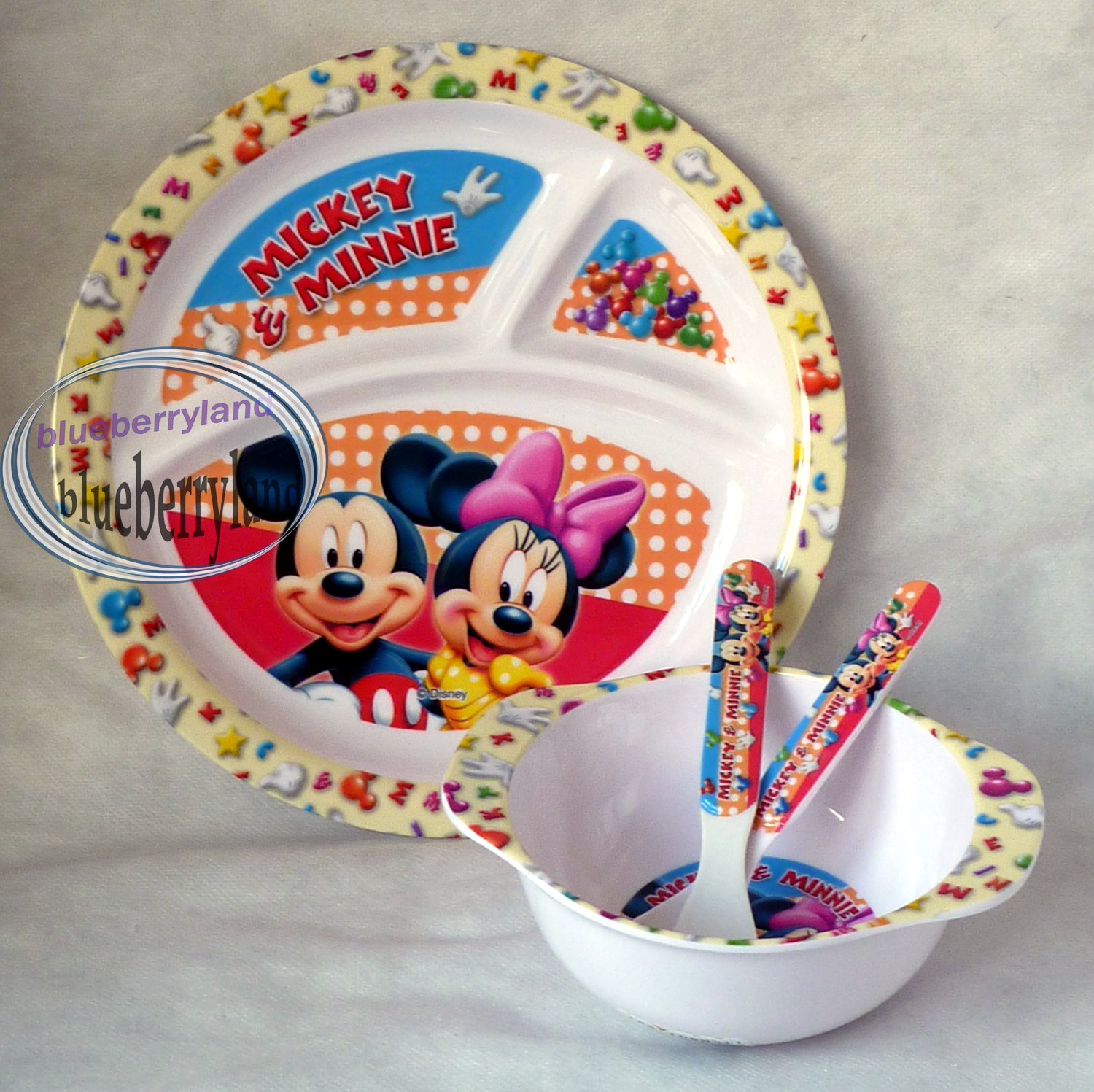 Disney Mickey & Minnie Mouse Baby Feeding Plate Fork Spoon Bowl 4 Pcs Set