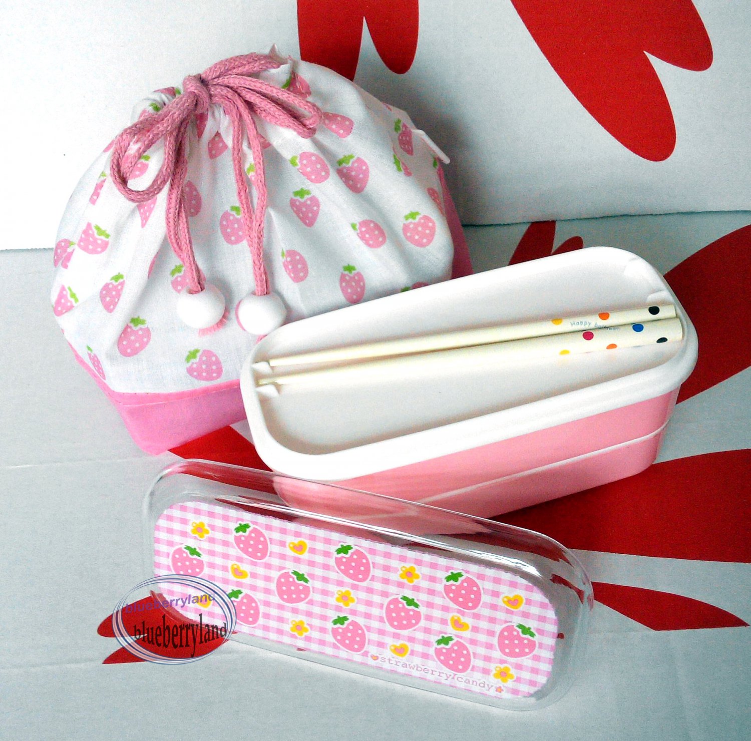 Japan Strawberry Candy Bento Lunchbox Food case 4 pc Lunch box Set
