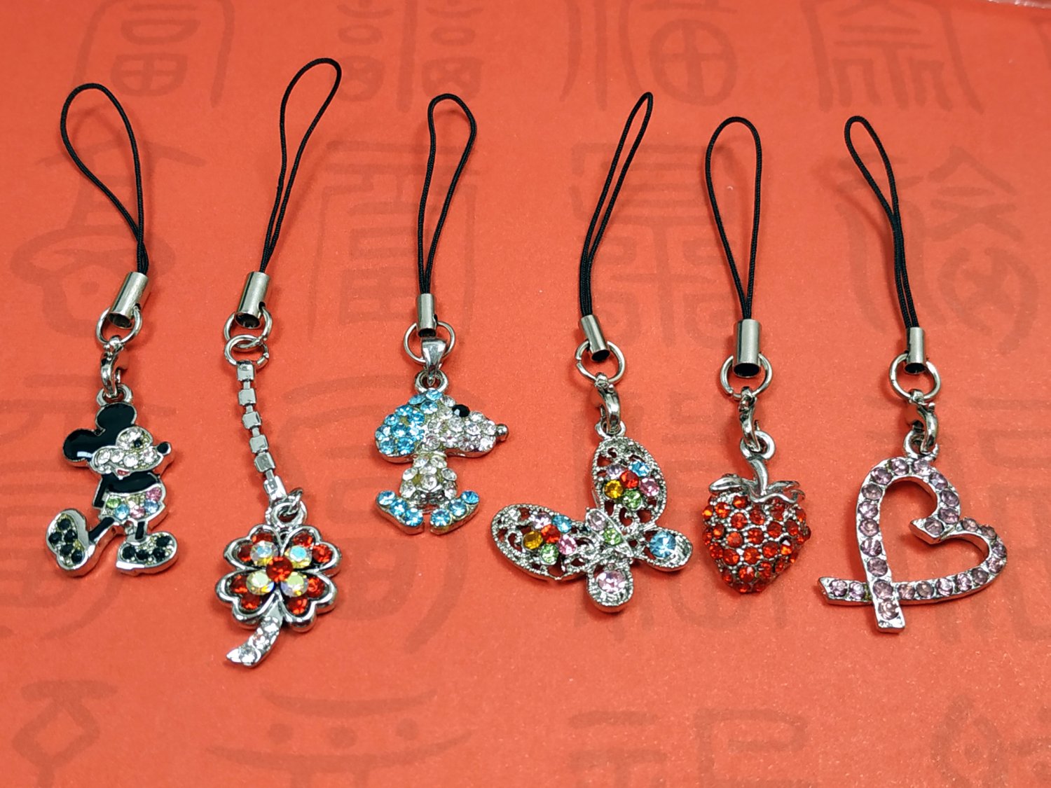 6 Pcs Set of Assorted Cubic Stone Cell Phone Charm Strap AS