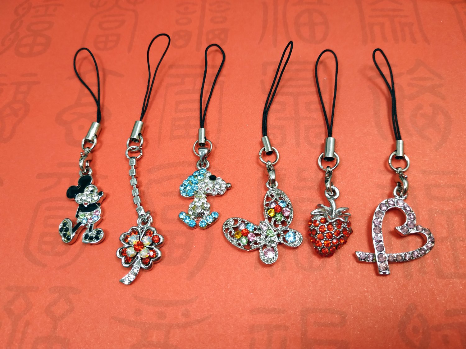 6 Pcs Set of Assorted Cubic Stone Cell Phone Charm Strap AS