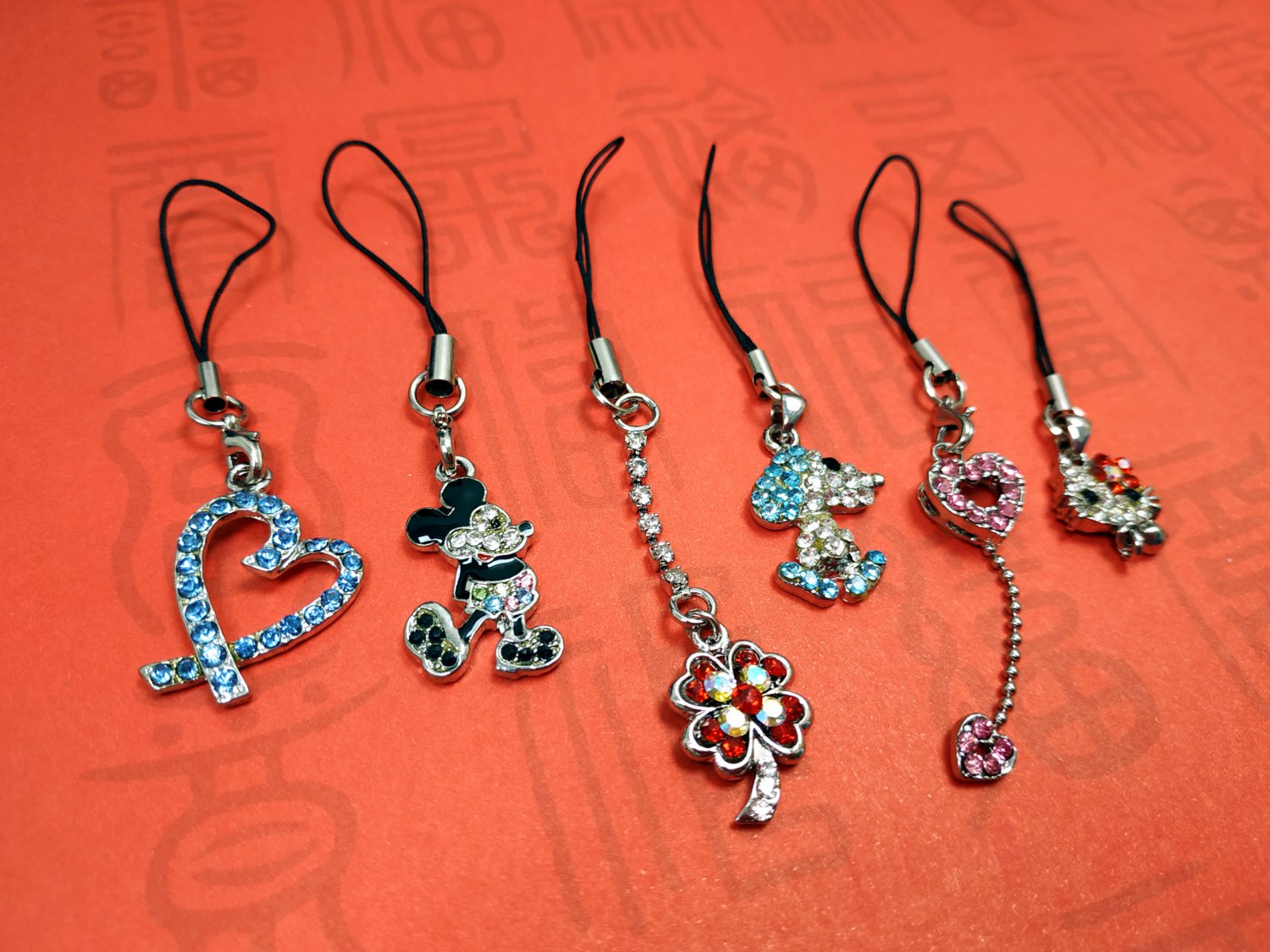 6 Pcs Set of Assorted Cubic Stone Cell Phone Charm Strap BS