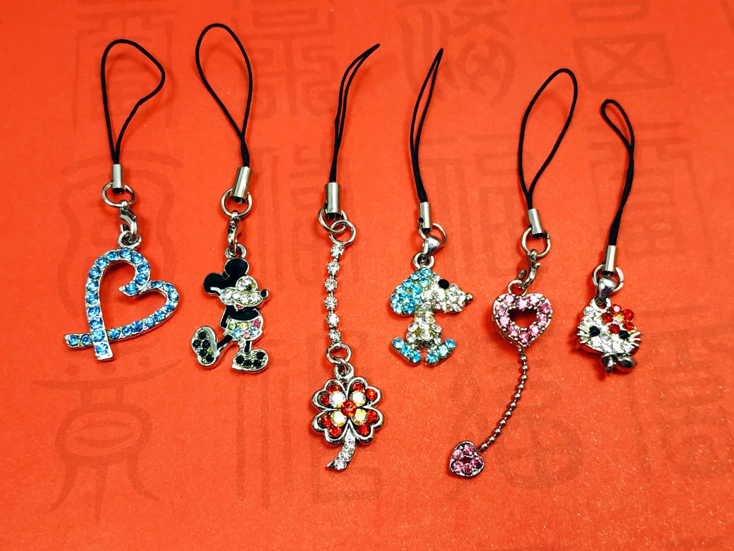 6 Pcs Set of Assorted Cubic Stone Cell Phone Charm Strap BS