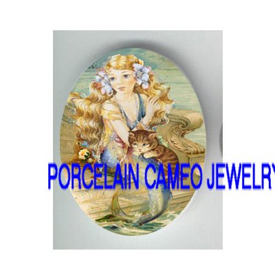 VICTORIAN FLOWER MERMAID CUDDLING KITTY CAT * UNSET PORCELAIN CAMEO CAB
