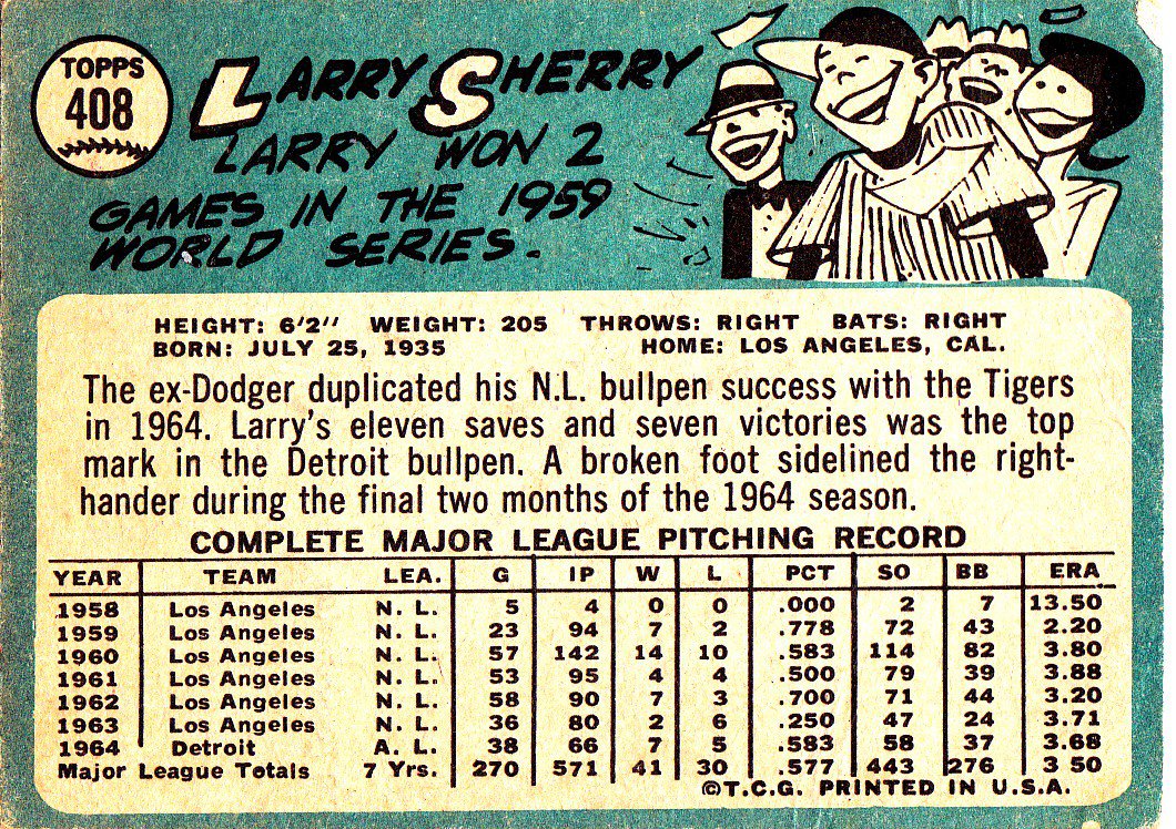 LARRY SHERRY 1965 TOPPS #408 DETROIT TIGERS www.AllstarZsports.com