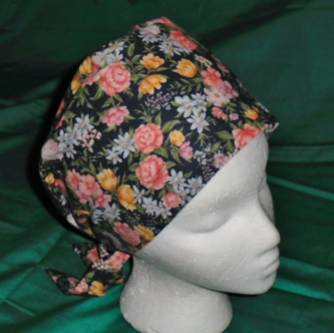 Nurses Ladies Fabric Surgical Scrubs Scrub Cap Pixie Tie-Back Hat LOTS OF CUTE FLOWERS DARK NAVY