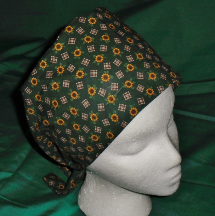 Nurses Ladies Fabric Surgical Scrubs Scrub Cap Pixie Tie-Back Hat LOTS OF TINY FLOWERS DARK GREEN