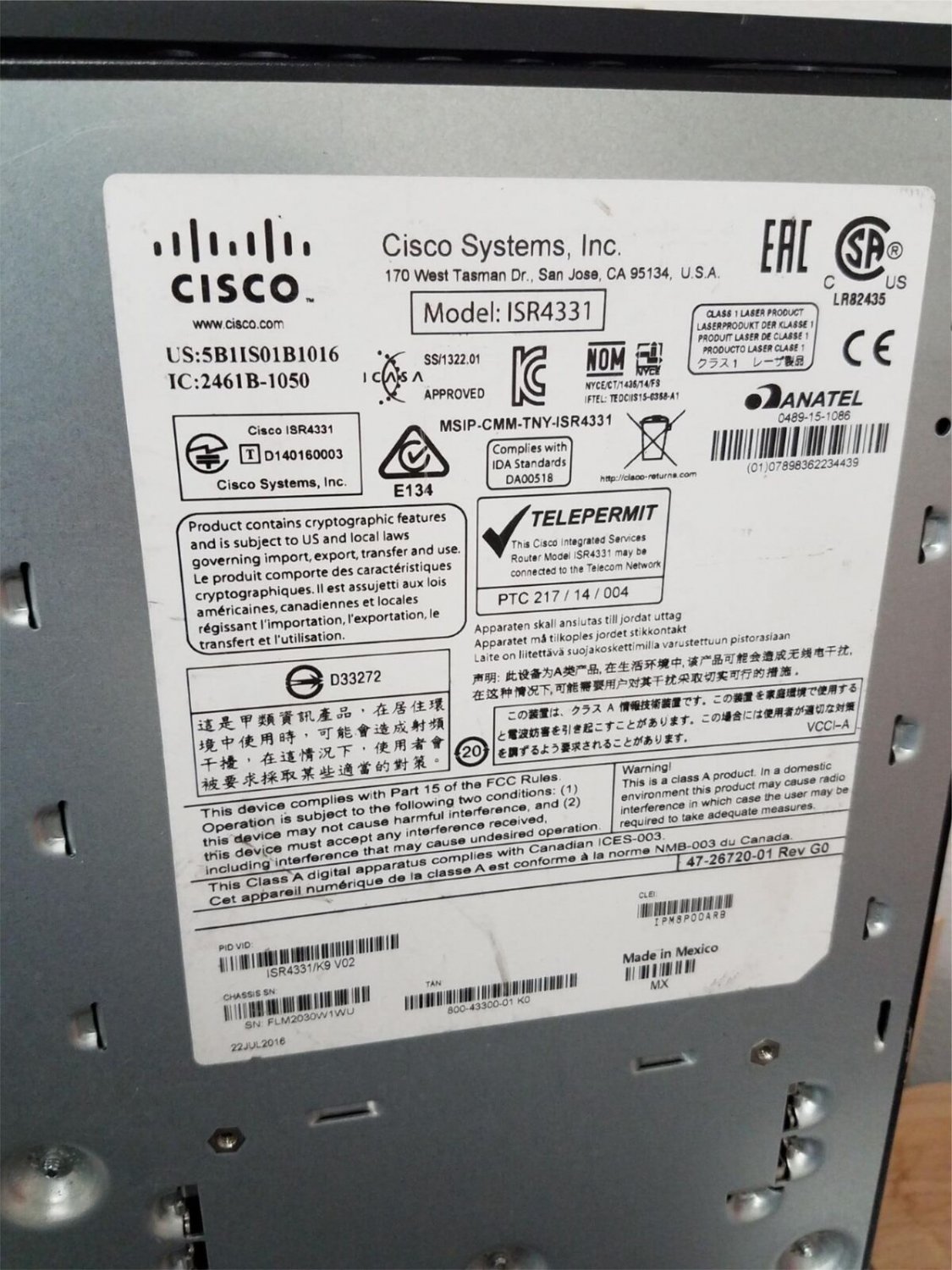 CISCO ISR4331/K9 Integrated Service Router V04 4300 Series As-Is