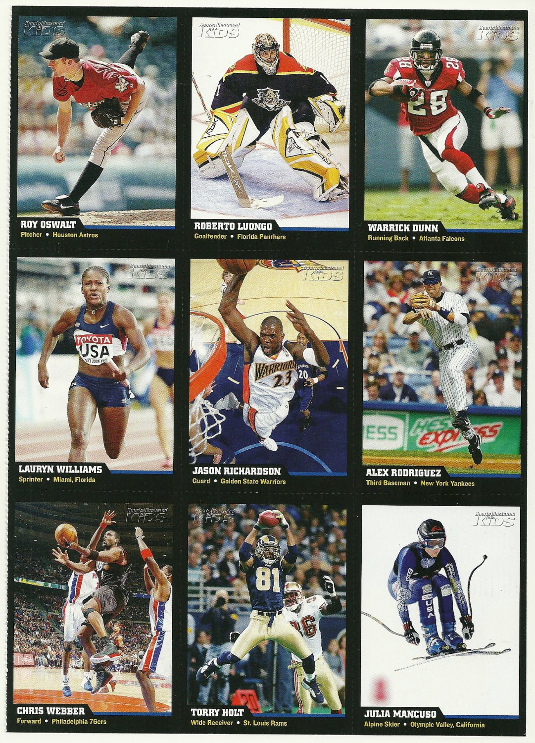 SI SPORTS ILLUSTRATED FOR KIDS Sheet of 9 Trading Cards #10 to 18 ALEX ...