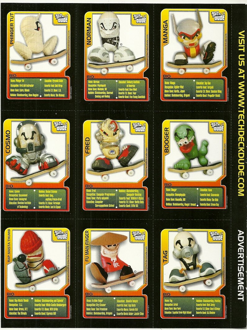 TECH DECK DUDE Perforated Panel of 9 Advertisement Trading Cards © 2001