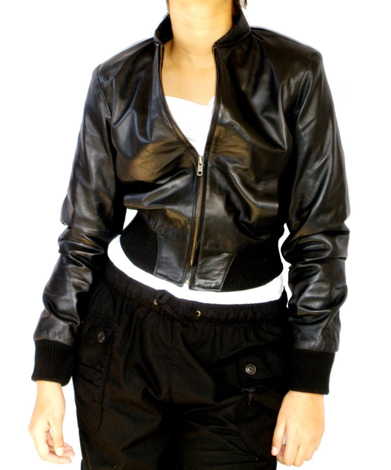 Women's Crewneck Rib Cropped Leather Jacket Style F-110