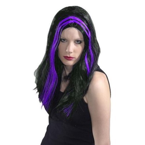 Long Black Costume Wig with Purple Streak Goth Witch