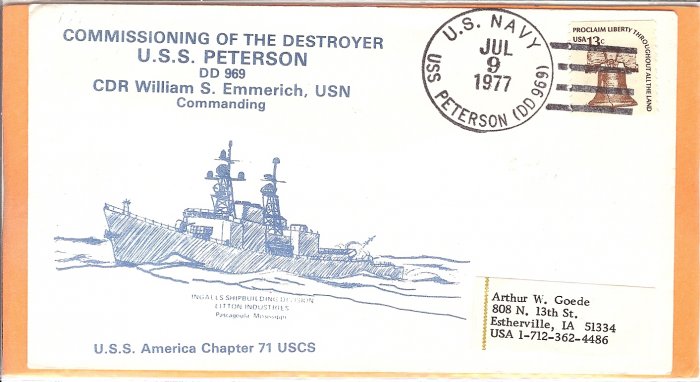 USS PETERSON DD-969 Commissioned 1977 Naval Cover