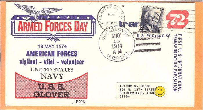 USS GLOVER AGDE-1 ARMED FORCES DAY 1974 NAVAL COVER