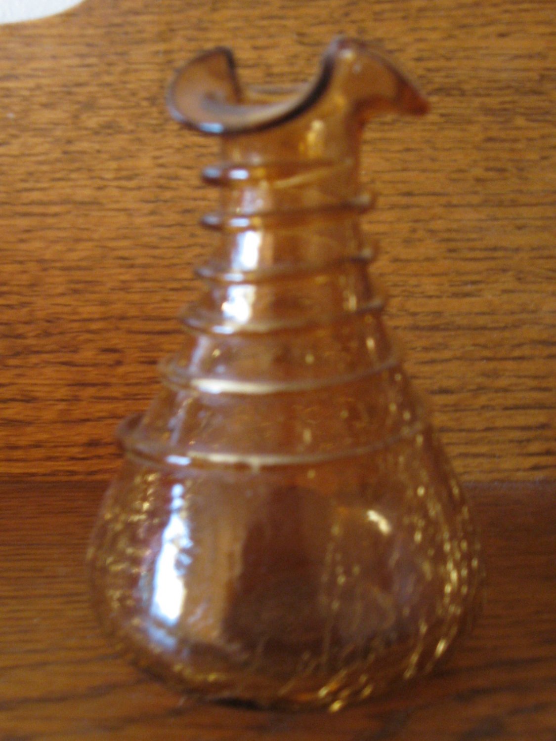 Crackle Glass Amber Fluted Vase With Snake Hand Blown