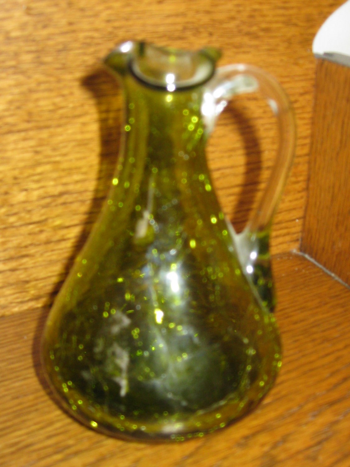 Crackle Glass Fluted Pitcher Green With Clear Applied Handle Hand Blown Crackle Glass Fluted Pitcher Green With Clear Applied Handle Hand Blown