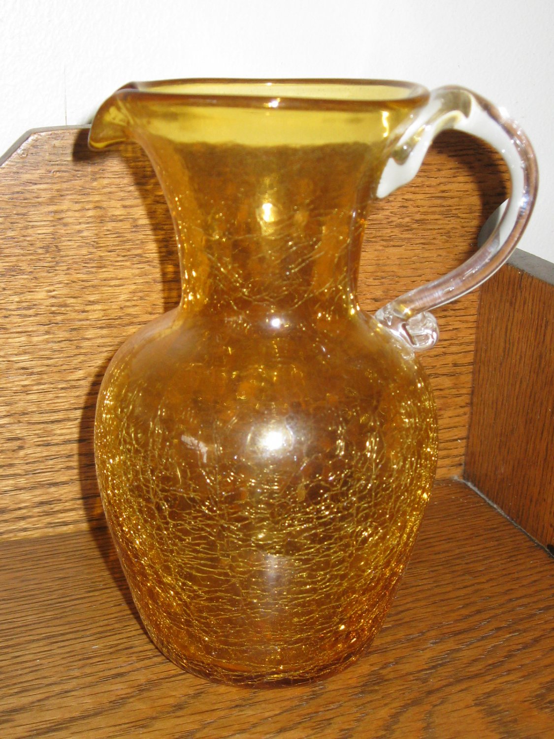 Crackle Glass Pitcher Amber / Gold With Clear Applied Handle Hand Blown Crackle Glass Pitcher Amber / Gold With Clear Applied Handle Hand Blown